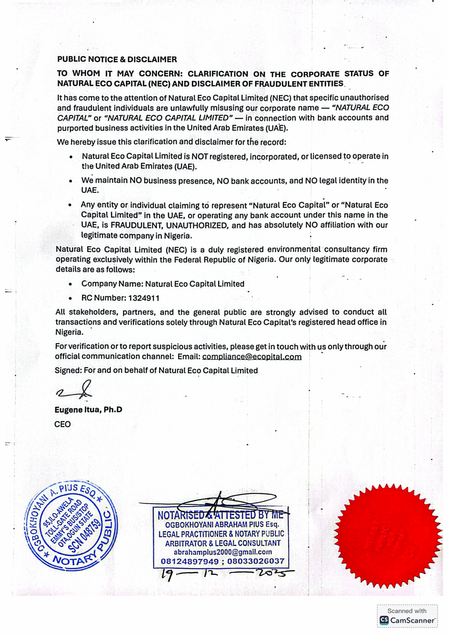 PUBLIC NOTICE & DISCLAIMER - Natural Eco Capital